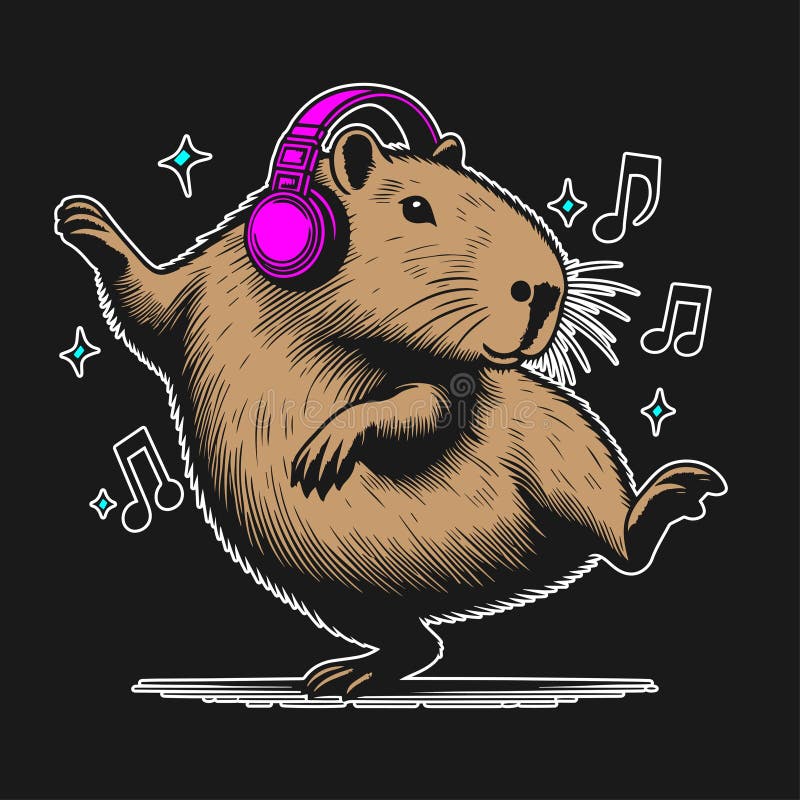 Capybara in Headphones Dancing, Color Flat Vector Illustration on ...