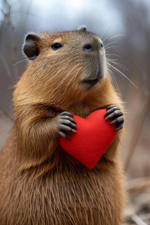 Capybara Holds a Big Red Heart in Her Paws on a Minimalistic Bright ...