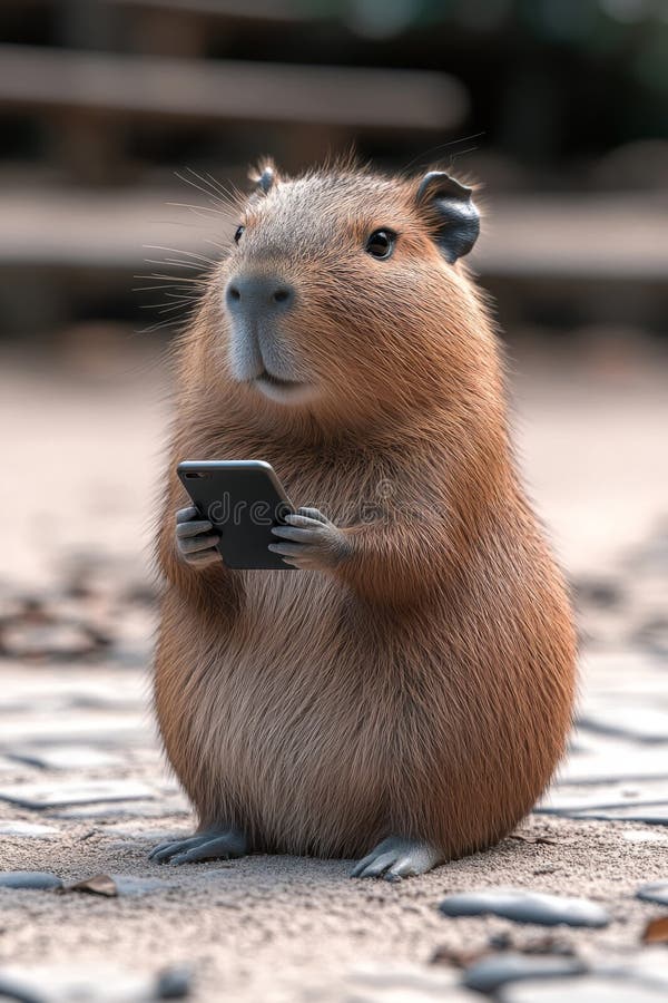 Capybara Holds Mobile Phone while Standing on a Pathway Surrounded by ...