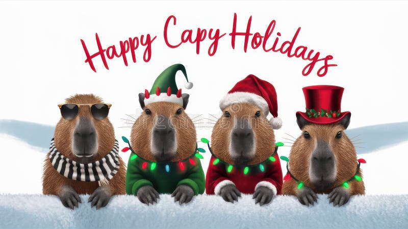 Capybara Holiday Celebration with Festive Hats and Lights Stock Photo ...