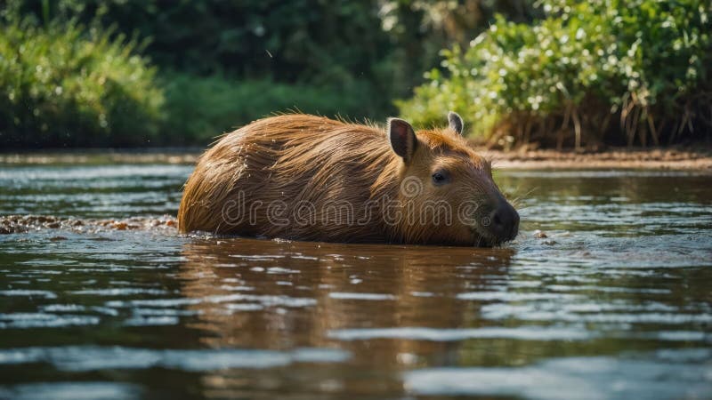 Capybara Enjoying a Refreshing River Dip in the Amazon Rainforest Stock ...