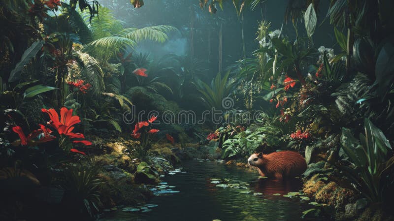 Capybara in Lush Tropical Rainforest at Night Stock Illustration ...