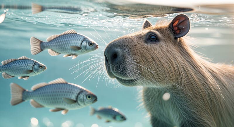 Capybara Observing Fish Underwater Scene Nature Sea. Stock Photo ...