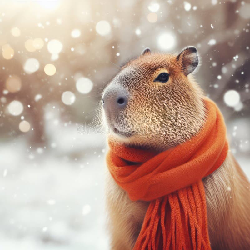 Capybara in an Orange Scarf on Bokeh Snow Nature Background. Ai ...