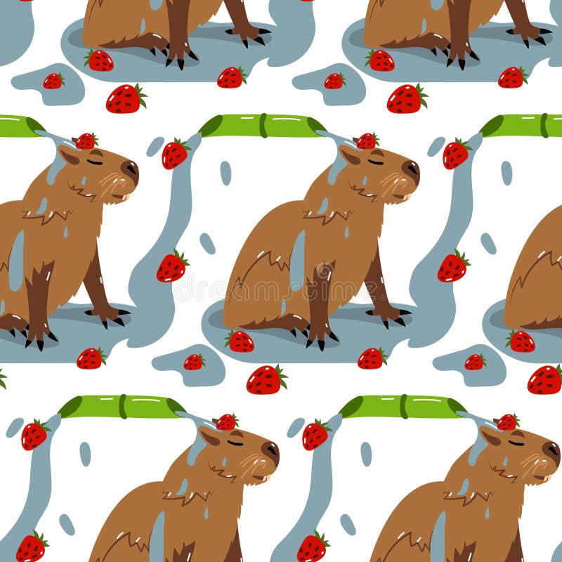 Capybara Pattern with Pink Hearts. Vector Cute Cartoon Capy Animal ...