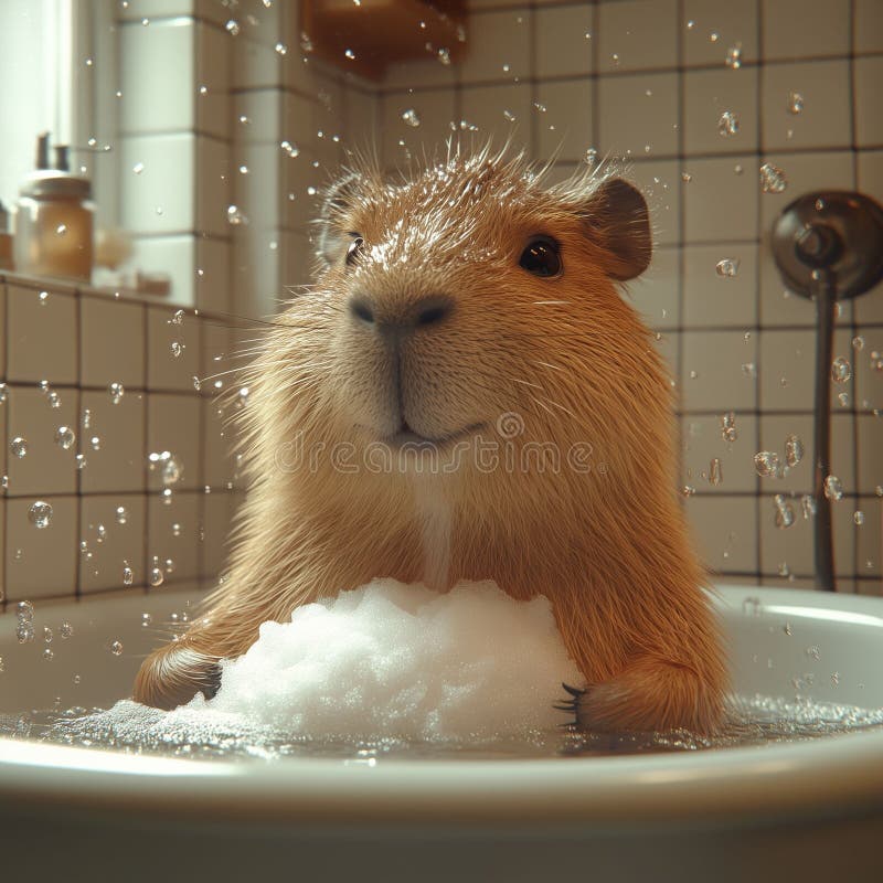Whimsical Capybara in the Bath Stock Illustration - Illustration of ...