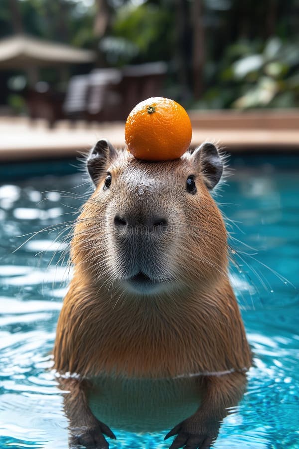 Capybara in Pool with Orange on Its Head Relaxing in Tropical Setting ...