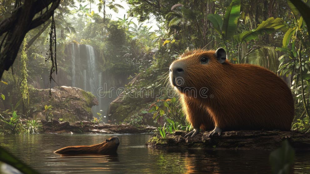 Capybara by Rainforest Waterfall Stock Illustration - Illustration of ...