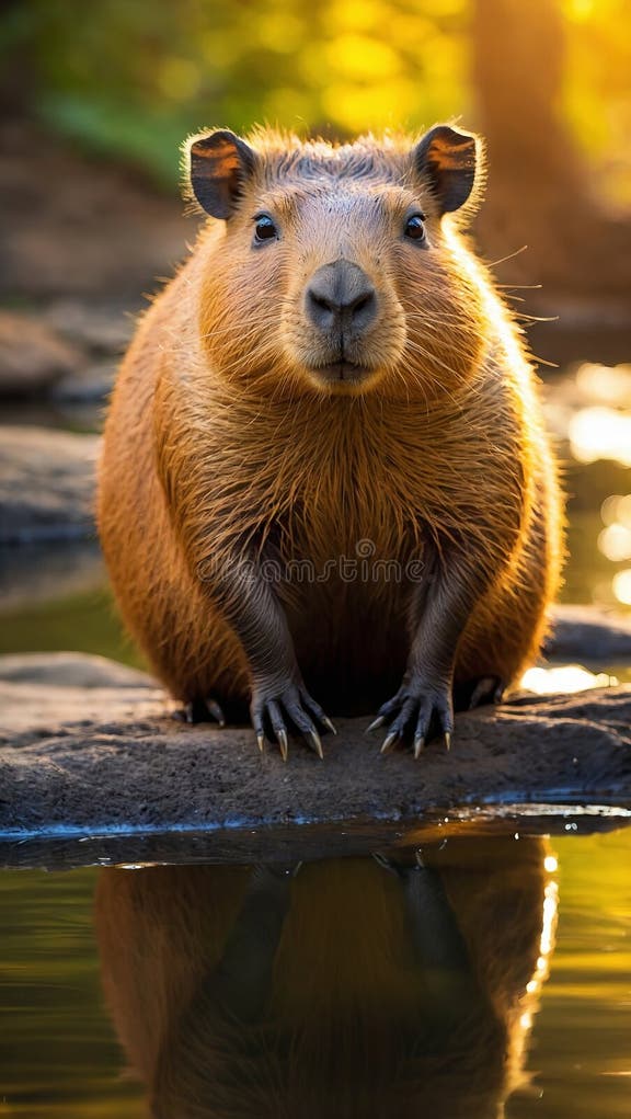 Capybara Sitting on a Rock Near Water during Golden Hour in a Natural ...