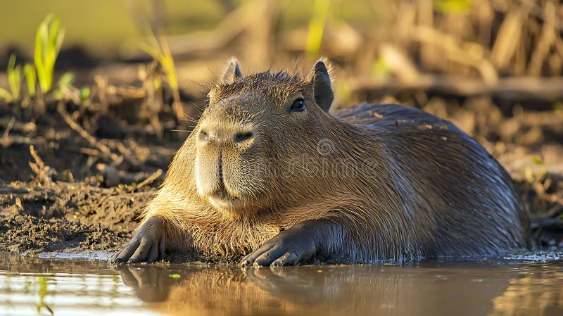 A Capybara Relaxing in Shallow Water, Basking in the Sun Stock ...