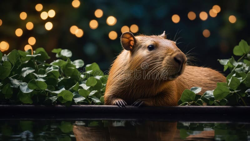Capybara Night Portrait: Gentle Giant by the Water with Bokeh Lights ...