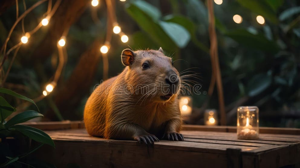 Adorable Capybara Posing at Night with Fairy Lights Stock Illustration ...