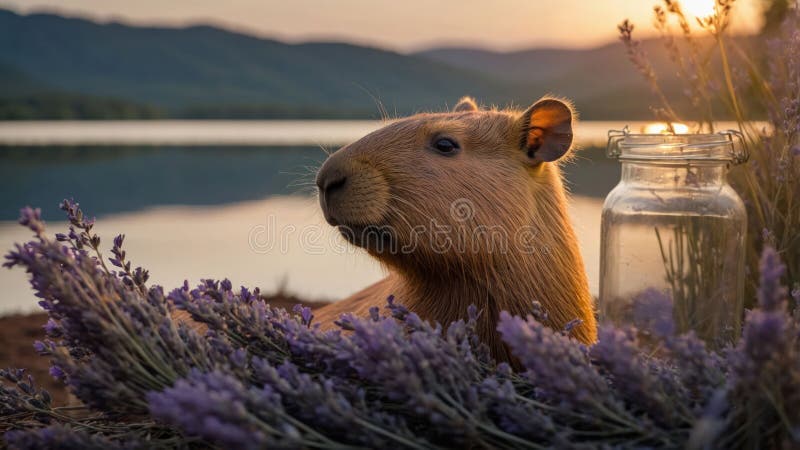 Capybara at Sunset: Serene Lavender Meadow Portrait Stock Illustration ...