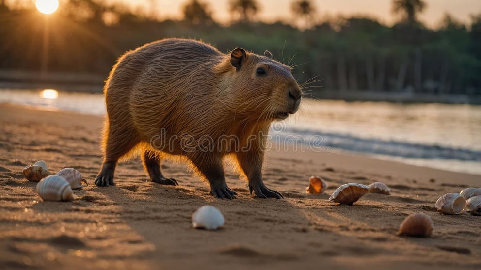 Capybara on the Beach at Sunset: a Majestic Rodent Enjoying the Golden ...