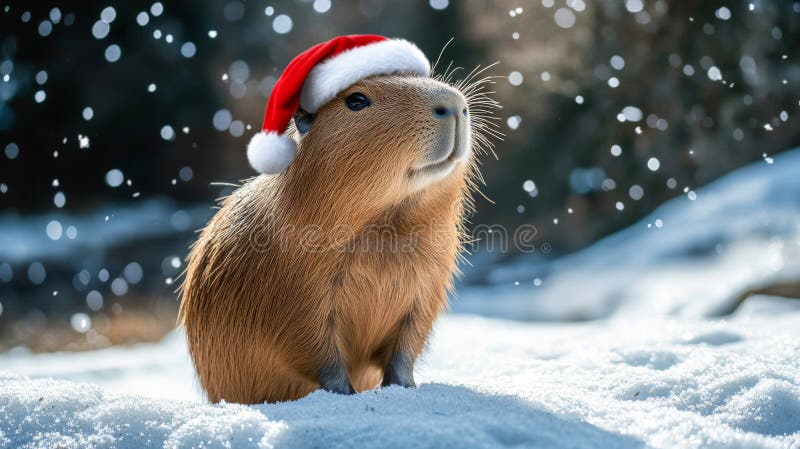Capybara in Santa Hat Enjoying Snowfall in Winter Wonderland Stock ...