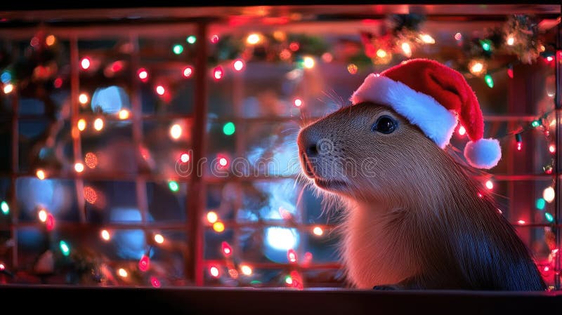Capybara with Santa Hat in Festive Christmas Lights Setting Stock Image ...
