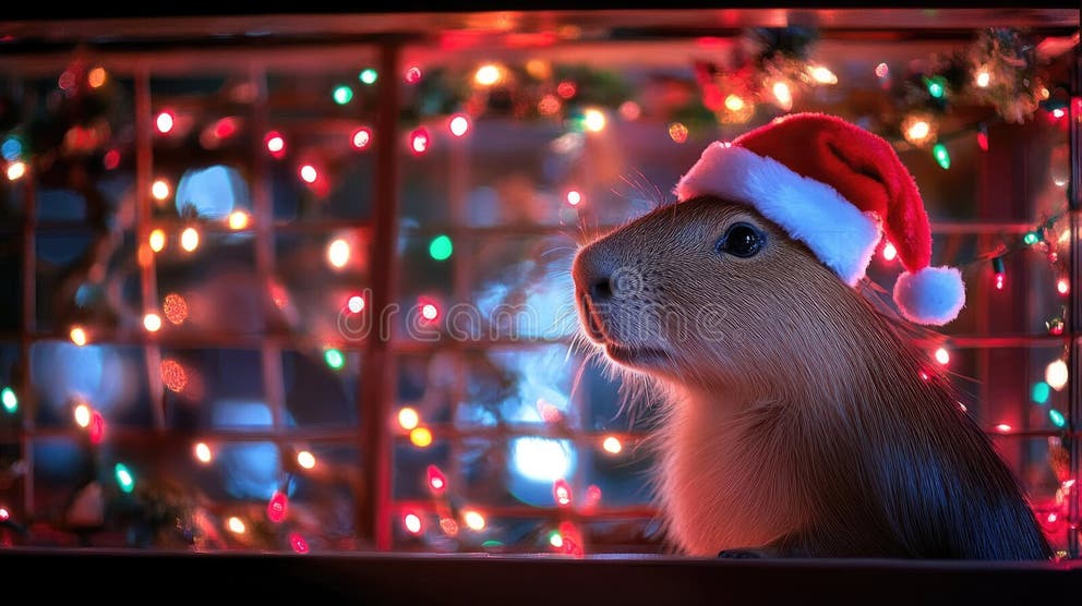 Capybara with Santa Hat in Festive Christmas Lights Setting Stock Image ...