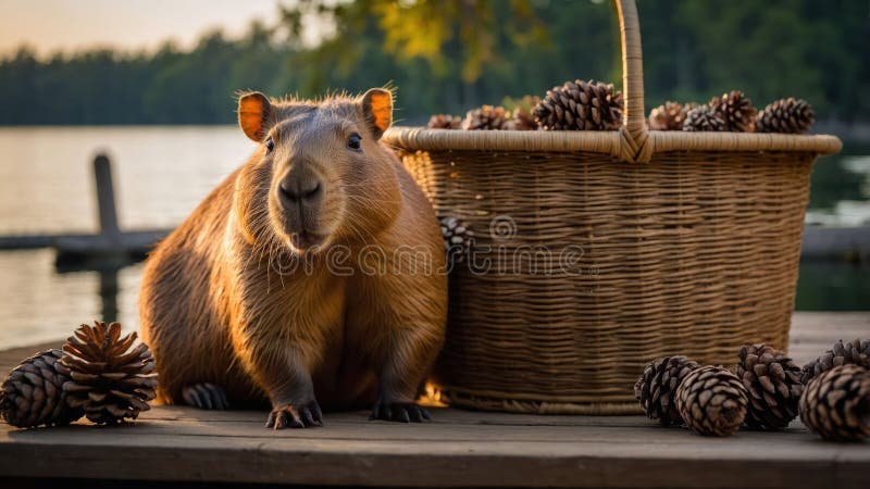 Adorable Capybara Near a Lake at Sunset with Pine Cones in a Wicker ...