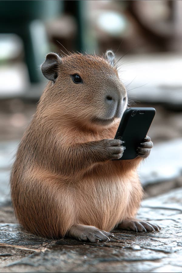 Capybara Sitting Outdoors Holding a Mobile Phone while Interacting with ...