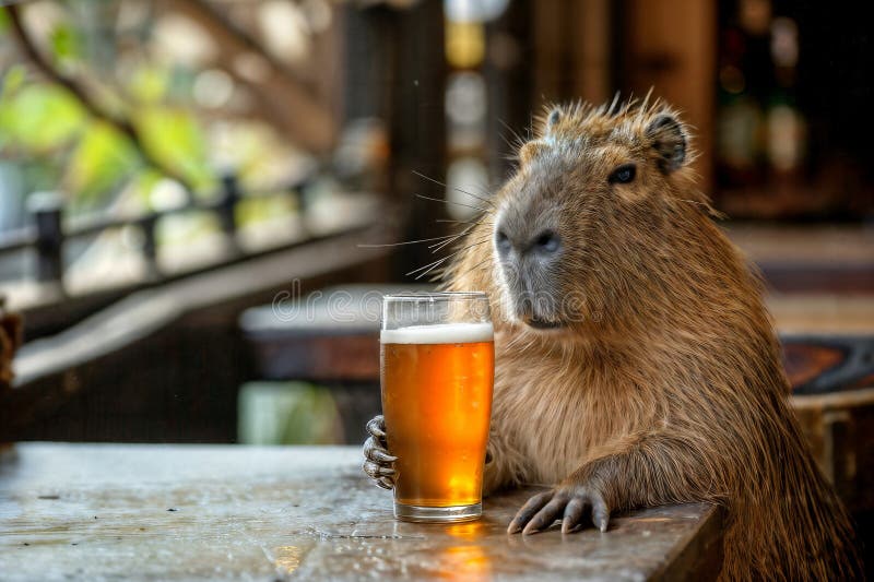 Capybara Sitting at a Rustic Bar with a Pint of Beer in Its Paw ...