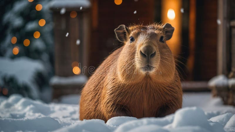 Adorable Capybara in Snowy Winter Wonderland with Festive Lights Stock ...