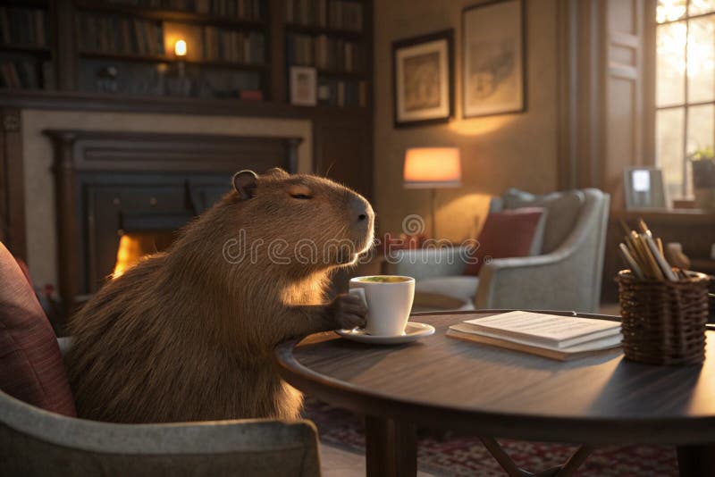 Capybara Sitting at Table with Coffee Cup, Enjoying Cozy Atmosphere ...