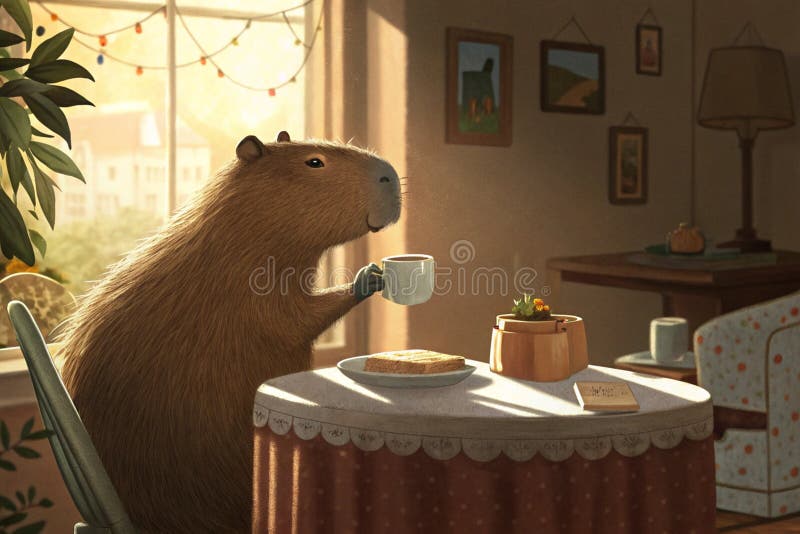 Capybara Sitting at Table with Coffee Cup, Enjoying Cozy Atmosphere ...
