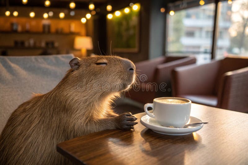 Capybara Sitting at Table with Coffee Cup, Enjoying Cozy Atmosphere ...