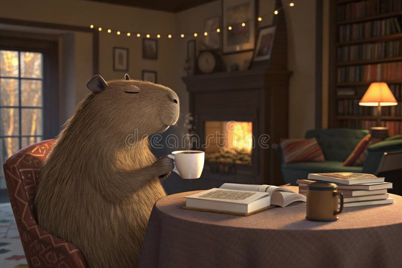 Capybara Sitting at Table with Coffee Cup, Enjoying Cozy Atmosphere ...