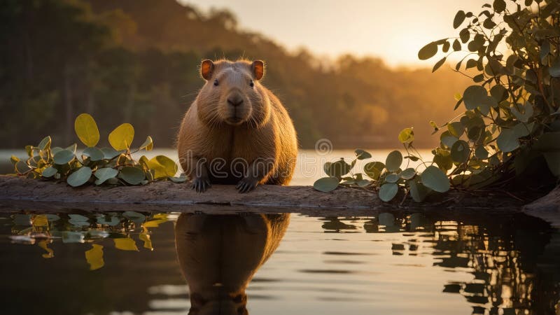 A Capybara Sitting by a Tranquil Lake at Sunset, Reflecting on the ...