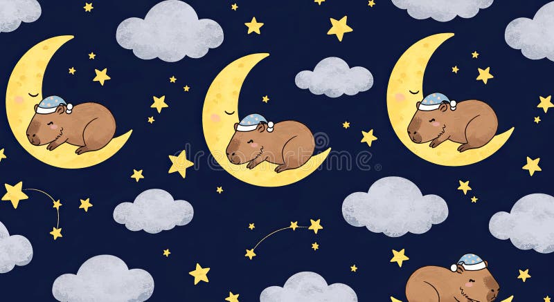 Capybara Sleeping on Moon and Stars Background Wallpaper Stock ...