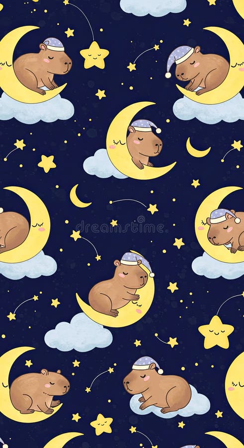 Capybara Sleeping on Moon and Stars Background Wallpaper Stock ...