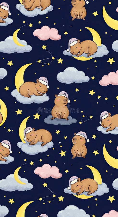 Capybara Sleeping on Moon and Stars Background Wallpaper Stock ...