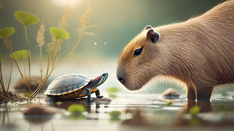 Capybara and a Small Turtle Playing Near the Water Edge Stock ...