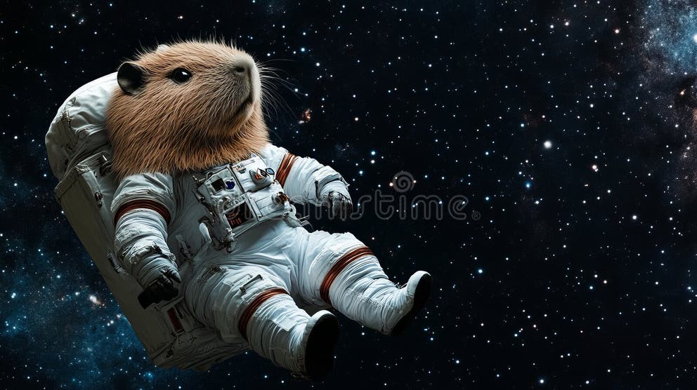 Capybara in Space Suit Against Starry Background. Sci-Fi Funny Design ...
