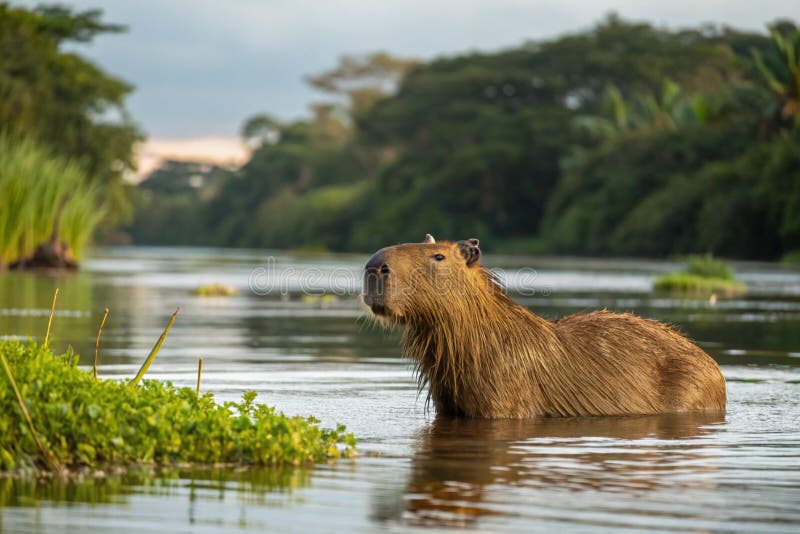 A Capybara is Standing Half-submerged in a River, Looking at the Camera ...