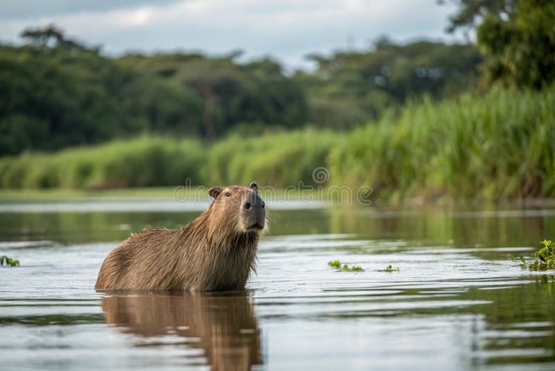 A Capybara is Standing Half-submerged in a River, Looking at the Camera ...