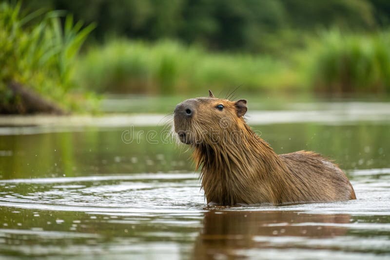 A Capybara is Standing Half-submerged in a River, Looking at the Camera ...