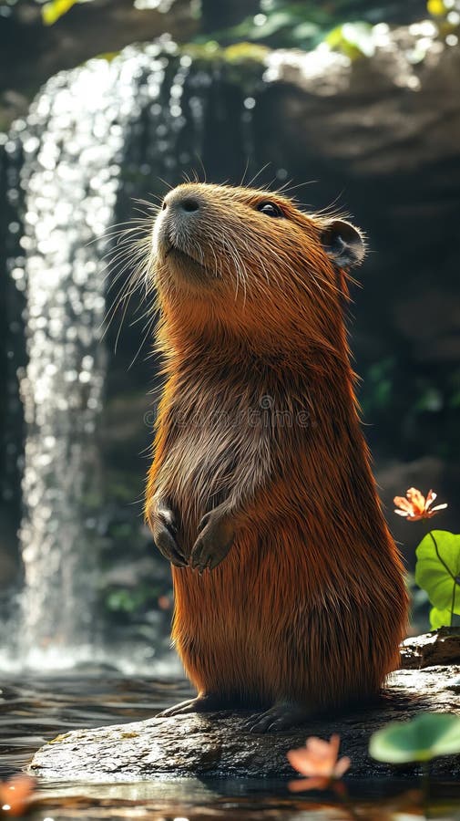 A Capybara Standing on Its Hind Legs in Front of a Waterfall Stock ...