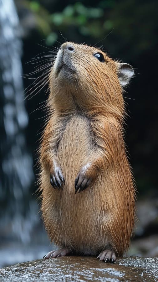 A Capybara Standing on Its Hind Legs in Front of a Waterfall Stock ...