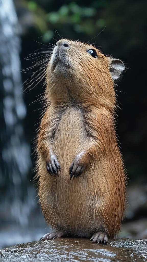 A Capybara Standing on Its Hind Legs in Front of a Waterfall Stock ...