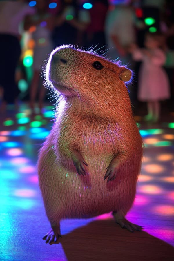 A Capybara Stands Upright on a Dance Floor, Illuminated by Vibrant ...