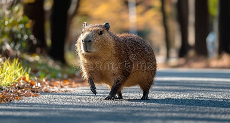A Capybara Strolls Along a Peaceful Pathway Lined with Autumn Leaves in ...
