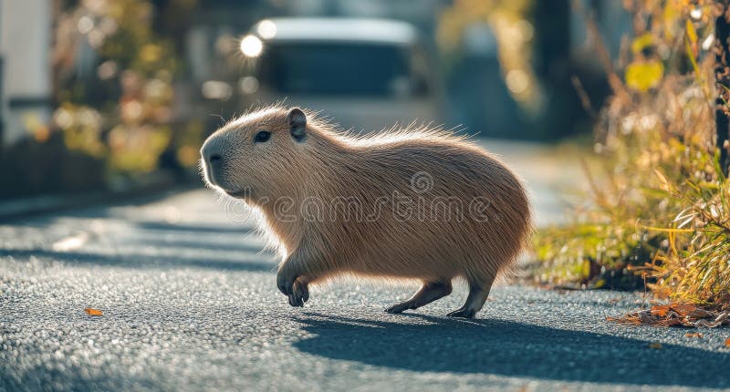 A Capybara Strolls Along a Peaceful Pathway Lined with Autumn Leaves in ...