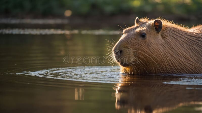 Capybara in Golden Hour Sunlight, Swimming Serenely in a Pond Stock Illustration - Illustration ...