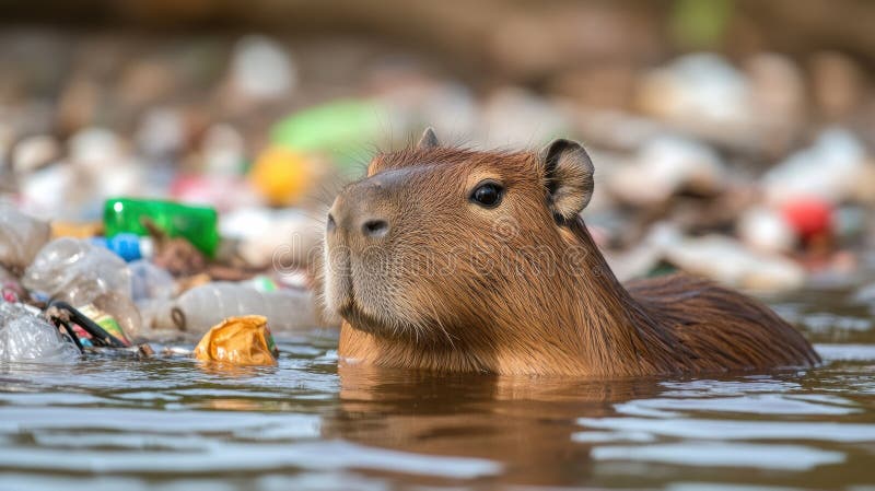 A Capybara Swimming in a River of Plastic Bottles and Other Trash, AI ...