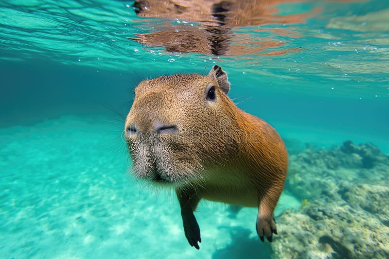 Capybara Swimming Underwater, Close-up View Stock Illustration ...