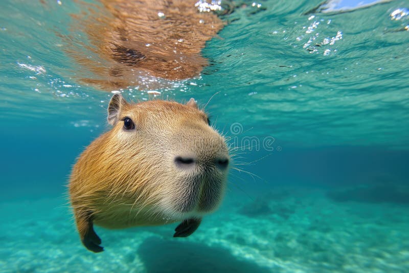 Capybara Swimming in the Water on a Sunny Day, Underwater View Stock ...