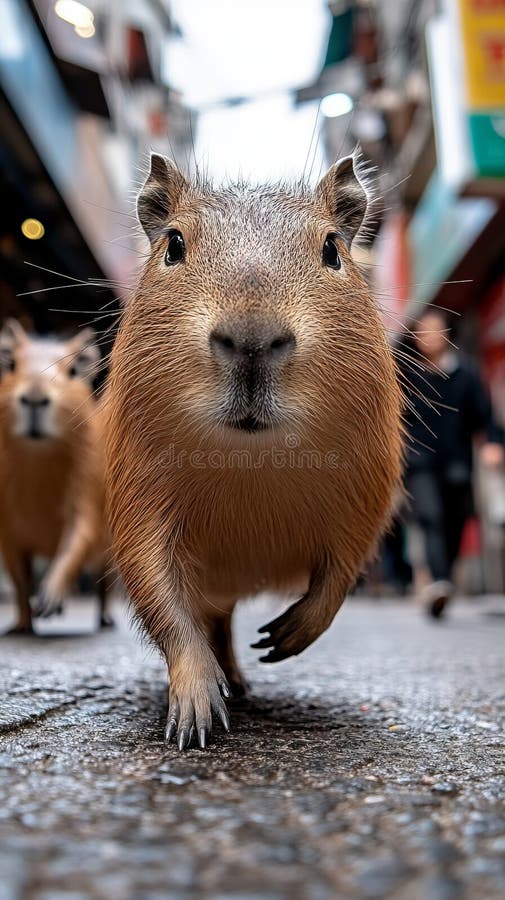 A Capybara Walking Down a Street in a City Stock Image - Image of ...