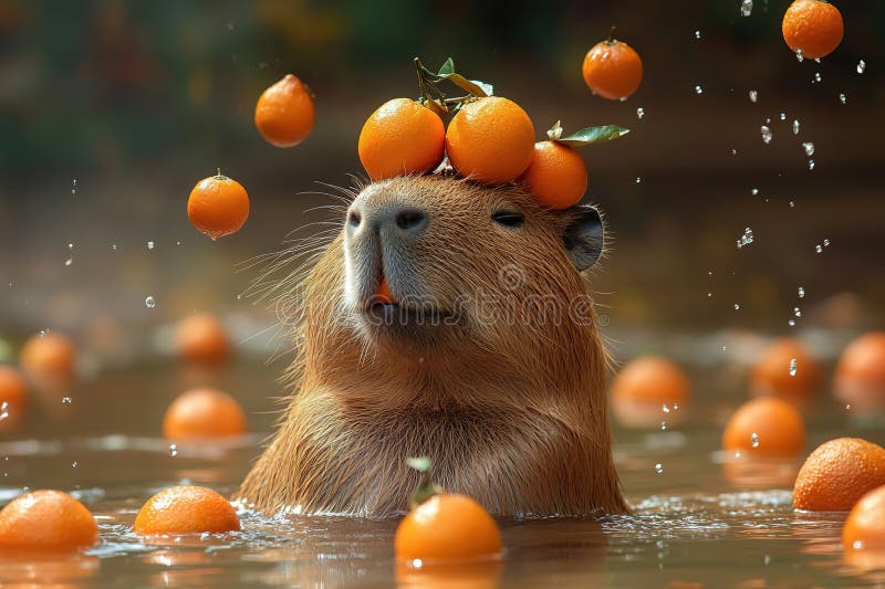 A Capybara in Water Balancing Oranges on Its Head. the Scene is Playful ...